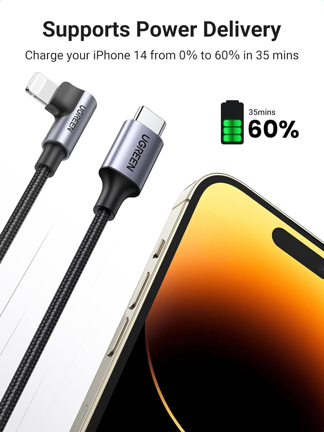 UGREEN US305 USB-C to Lightning Angled Cable Aluminum Shell Braided 1m ...